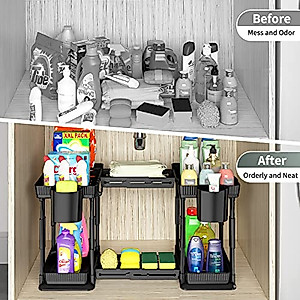 Expandable Under Sink Organizer and Storage 2 Pack, 2 Tier Pull Out Sliding Under Bathroom Cabinet Storage Organizers with Hanging Cups for Bathroom, Kitchen Multi-Purpose, Adjustable Height & Width