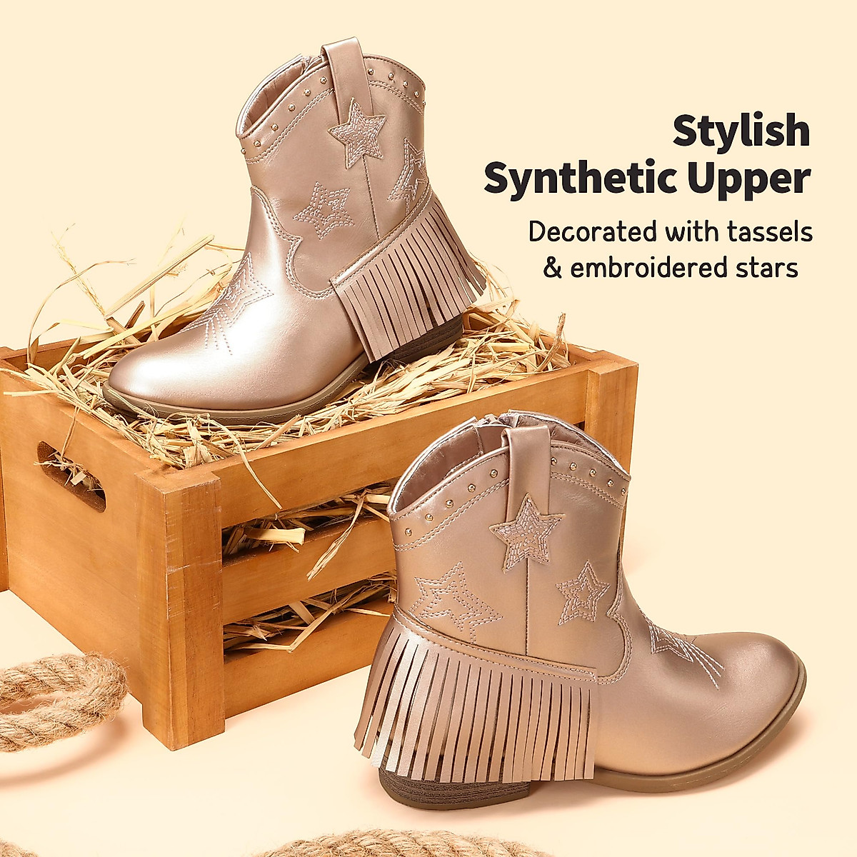 DREAM PAIRS Girls Cowgirl Cowboy Ankle Western Boots Side Zipper Riding Shoes with Tassel,Size 2 Little Kid,Rose Gold,SDBO2302K