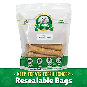 Lucky Premium Treats Chicken Wrapped Dog Treats – USA Made Raw Hide Sticks for Medium Dogs – Long Lasting, Preservative Free Dog Treats – 10 Chews