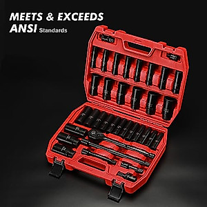 CASOMAN 1/2" Drive Master Impact Socket Set, 36 Piece Deep, Standard SAE (3/8" To 1-1/4") & Metric (10-32 mm) Sizes, Includes Extension Bar (3, 5, 10-inch), Adapters & Ratchet Handle, CR-V Steel