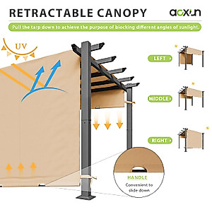 Aoxun 10'x12' Outdoor Pergola, Retractable Pergola with Adjustable Roof, Aluminum Pergola with Sun Shade Canopy, Modern Metal Patio Pergola with Brown Shade Cover for Garden, Backyard and Deck
