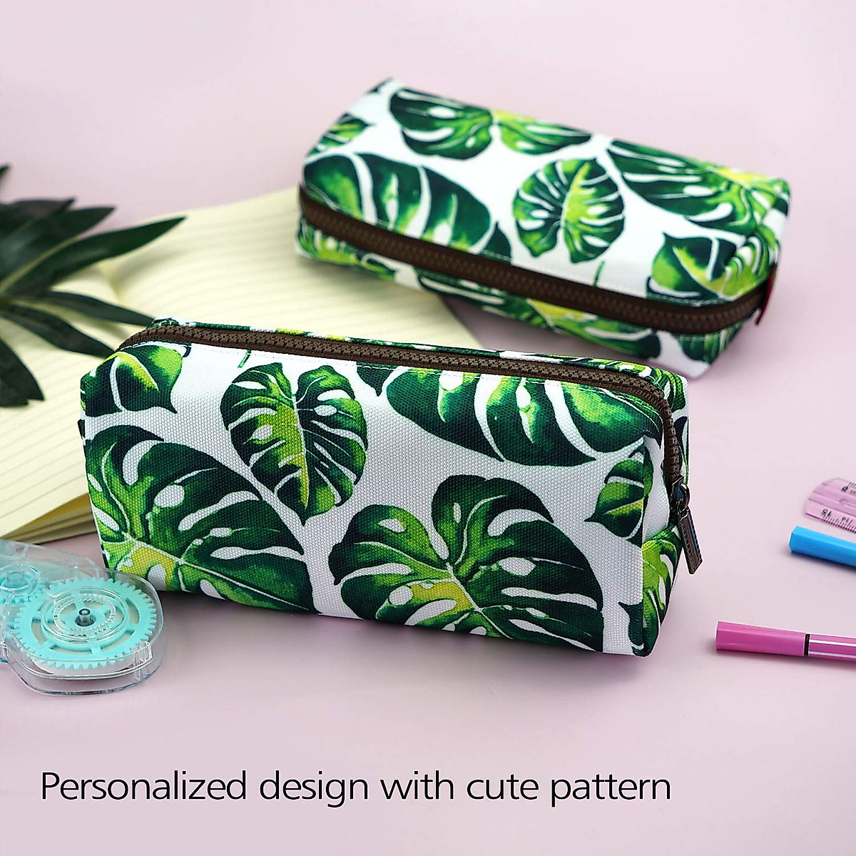 LParkin Tree Leaves Large Capacity Canvas Pencil Case Pen Bag Pouch Stationary Case Makeup Cosmetic Bag Gadget Box
