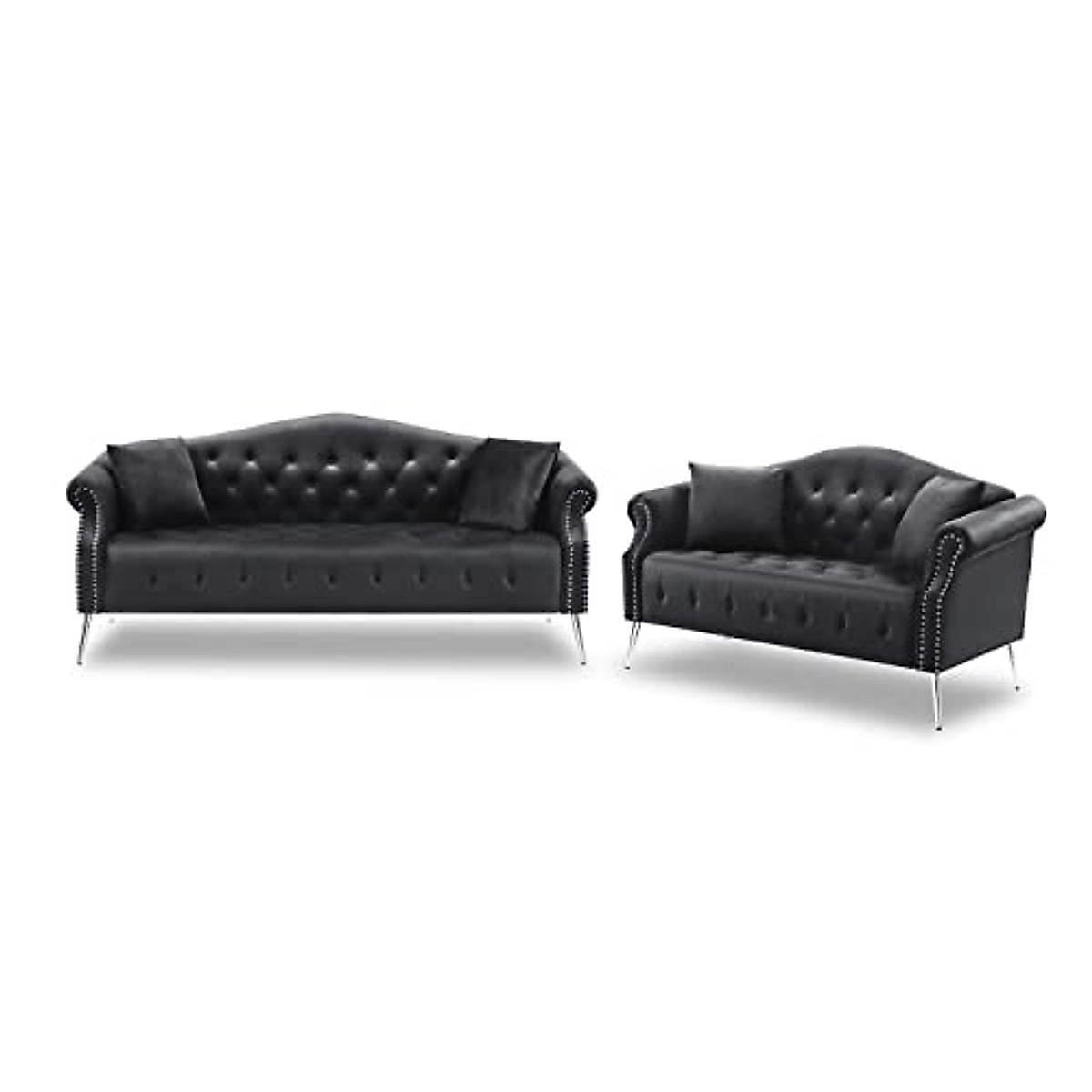Lepfun Chesterfield Velvet Sofa Classic Loveseat Contemporary Upholstered Couch Button Tufted Nailhead Trimming Curved Backrest Rolled Arms with Silver Metal Legs Living Room,4 Pillows Included,Black