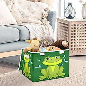 Krafig Cartoon Funny Animal Frog Foldable Storage Box Large Cube Organizer Bins Containers Baskets with Lids Handles for Closet Organization, Shelves, Clothes, Toys