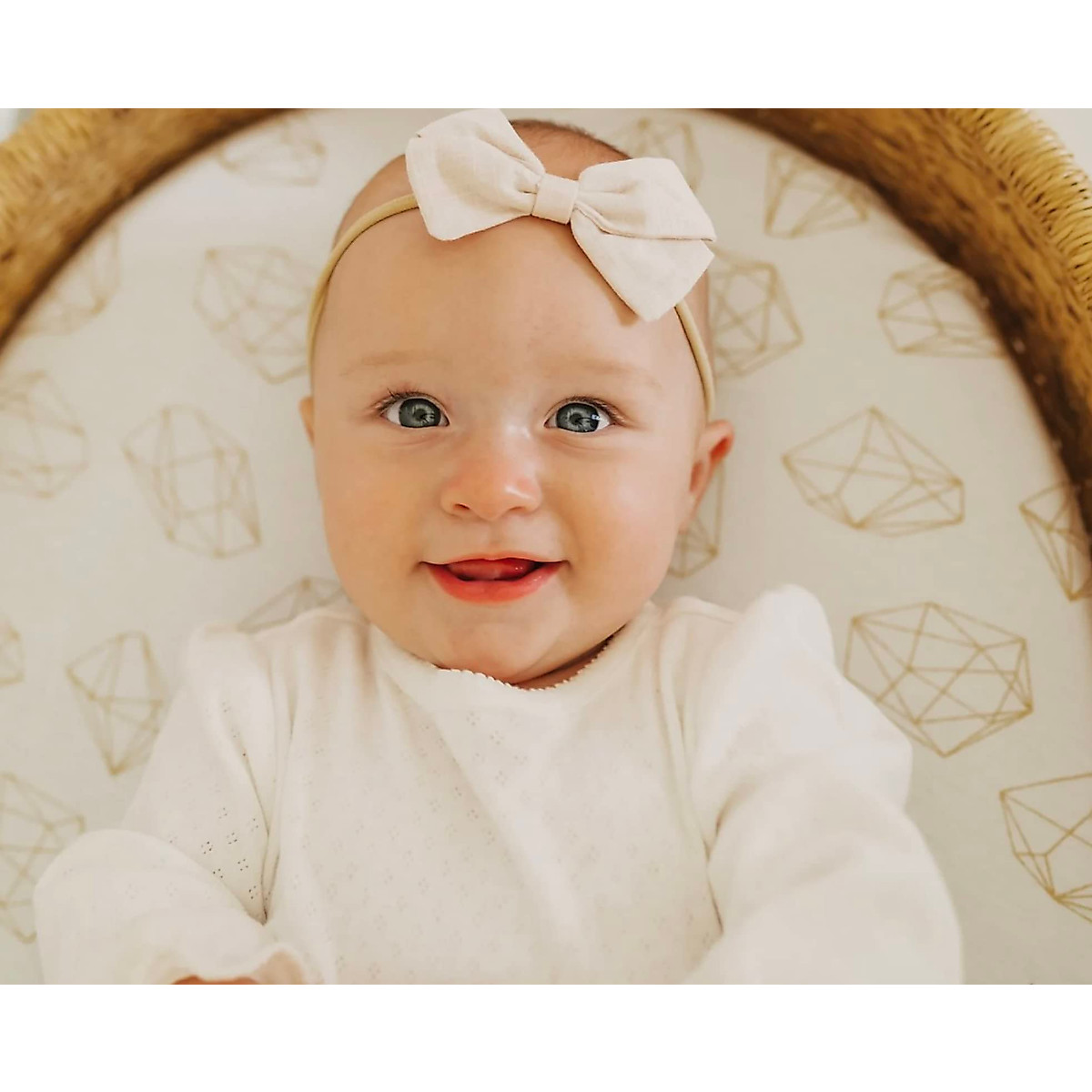 NODNAL CO. 3 Fitted Gold Bassinet Sheets Set for Baby Girl - 100% Oeko-TEX Cotton - Shimmery Glitter Geometric Shapes, Dots and Lines - Cradle/Moses Basket Hourglass, Oval & Rectangle Mattress Sheet