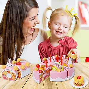 75PCS Birthday Cake Toy Cutting Decorating Birthday Cake Kitchen Pretend Toys Party Role Play Food Sets with Removable Candles Fruit Ice Cream Biscuits Candy Gift for Girls Boys Aged 3+