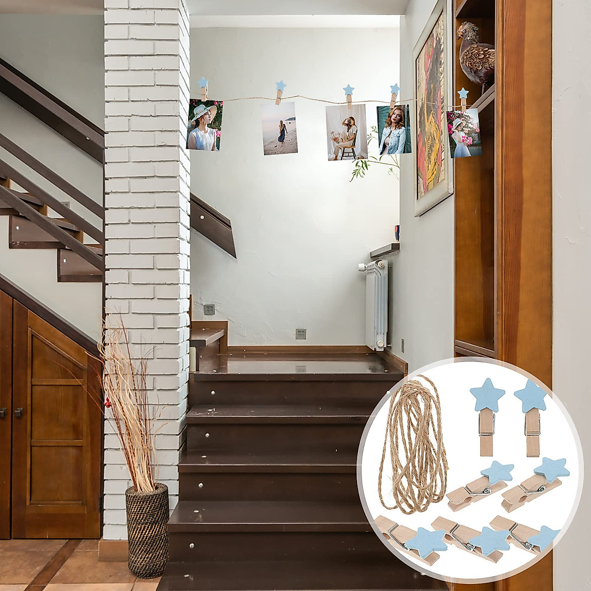 HEALLILY 100pcs Mini Wooden Clothespins Star Shape Wall Hanging Photo Clips Picture Pegs Craft Clips with Hemp Rope Blue