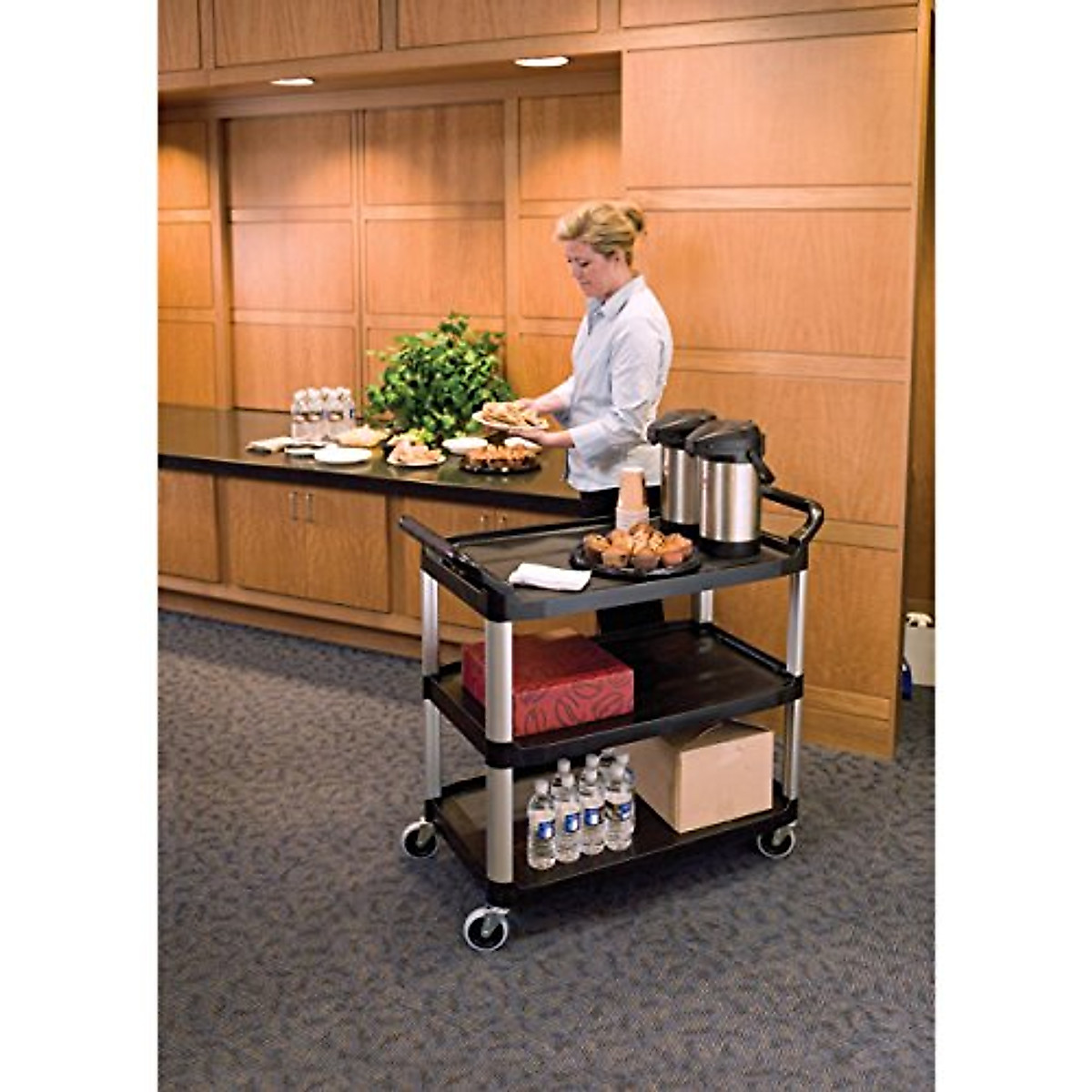 Rubbermaid Commercial Products Heavy Duty 3-Shelf Rolling Service/Utility/Push Cart, 200 lbs. Capacity, Black, for Foodservice/Restaurant/Cleaning/Workplace