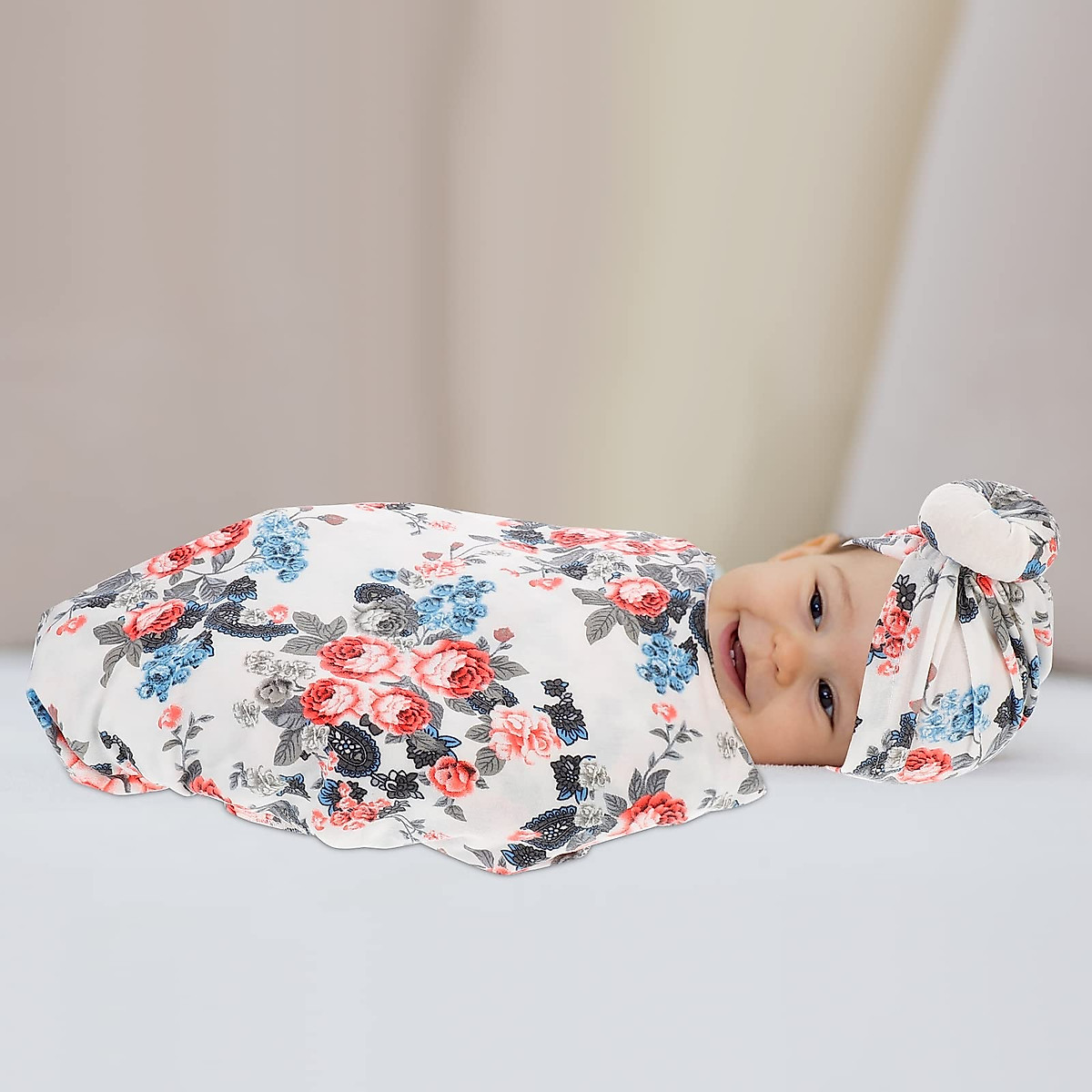 KESYOO 1 Pack Baby Swaddle Blanket with Newborn Beanie Hat Cotton Floral Receiving Blanket Wrap Bow Headband for Infant Boy Girl