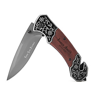 Personalized Engraved Pocket Folding Knife for Boyfriend Husband Dad Son - Valentines Birthday Christmas Anniversary Fathers Day Graduation Gift - Custom Men Fishing Hunting Knives with Wood Box