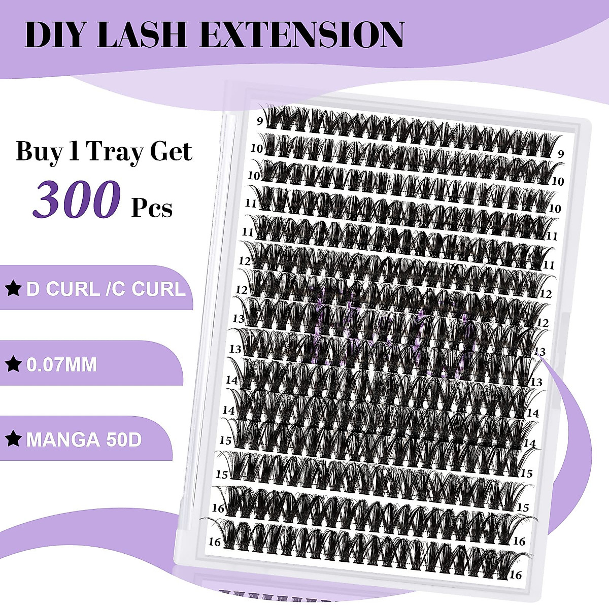 B&Q Manga Lash Clusters DIY Individual Lashes 50D-0.07D-9-16MIX 300 PCS False Eyelash Cluster Manga Lashes Cluster 30D 40D 50D D Curl Lash Clusters DIY lash Extensions at Home (50D-0.07D,9-16MIX)