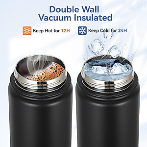 HASLE OUTFITTERS Insulated Water Bottle Kids 16 oz Double Wall Vacuum Stainless Steel Water Bottle Leak Proof for School Wide Mouth with Straw Lid & Spout Lid Keeps Cold and Hot(Black,1pack)