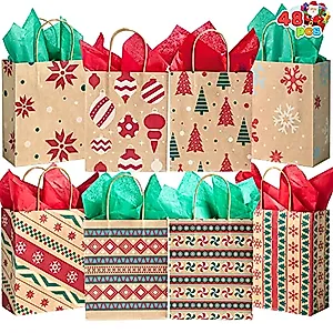 JOYIN 48 PCS Christmas Gift Bags, Kraft Bags with Handle Christmas Characters for Christmas Party Favors, Gift Giving, Holidays Decorations, Xmas Treat Bags