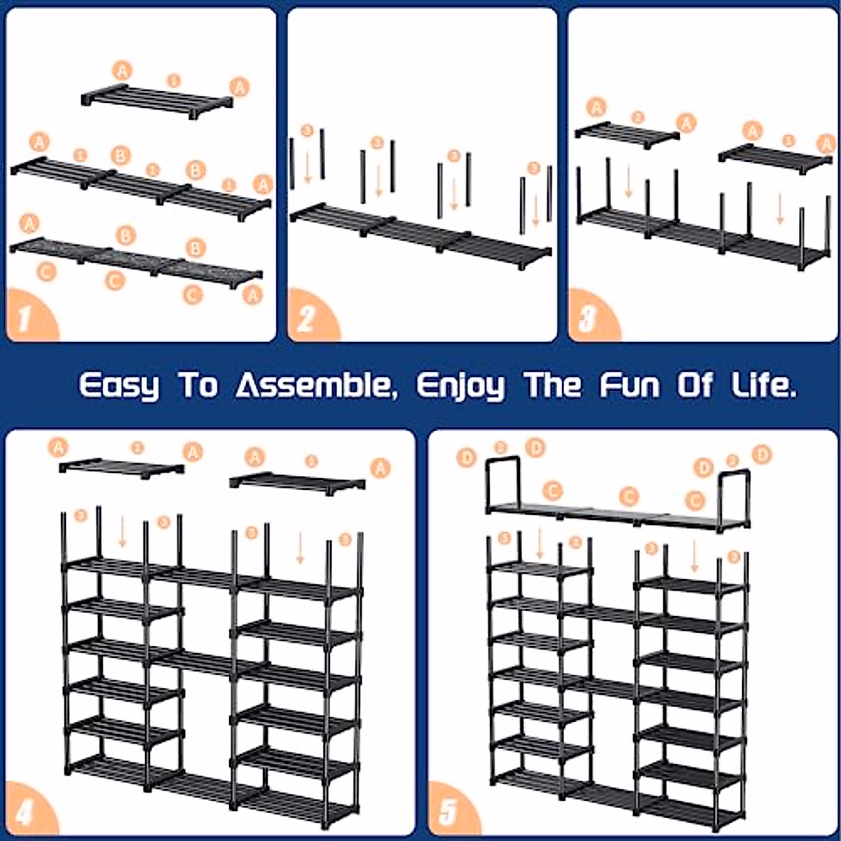Mavivegue Metal Shoe Rack Organizer，8 Tiers Tall Shoe Shelf Storage，40-45 Pairs Vertical Large Boot Rack,Stackable Shoe Racks for Entryway, Closet, Garage, Bedroom,Cloakroom -Black