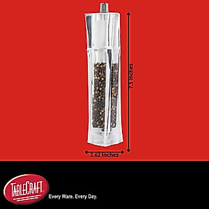 Tablecraft Salt Pepper Mill Grinder, 2 in 1 Square Clear Acrylic Combo Set, Grinding Seasoning and Spices, Commercial Foodservice and Restaurant Grade, 30 ml Shaker, 75 mil Grinder, Break Resistant