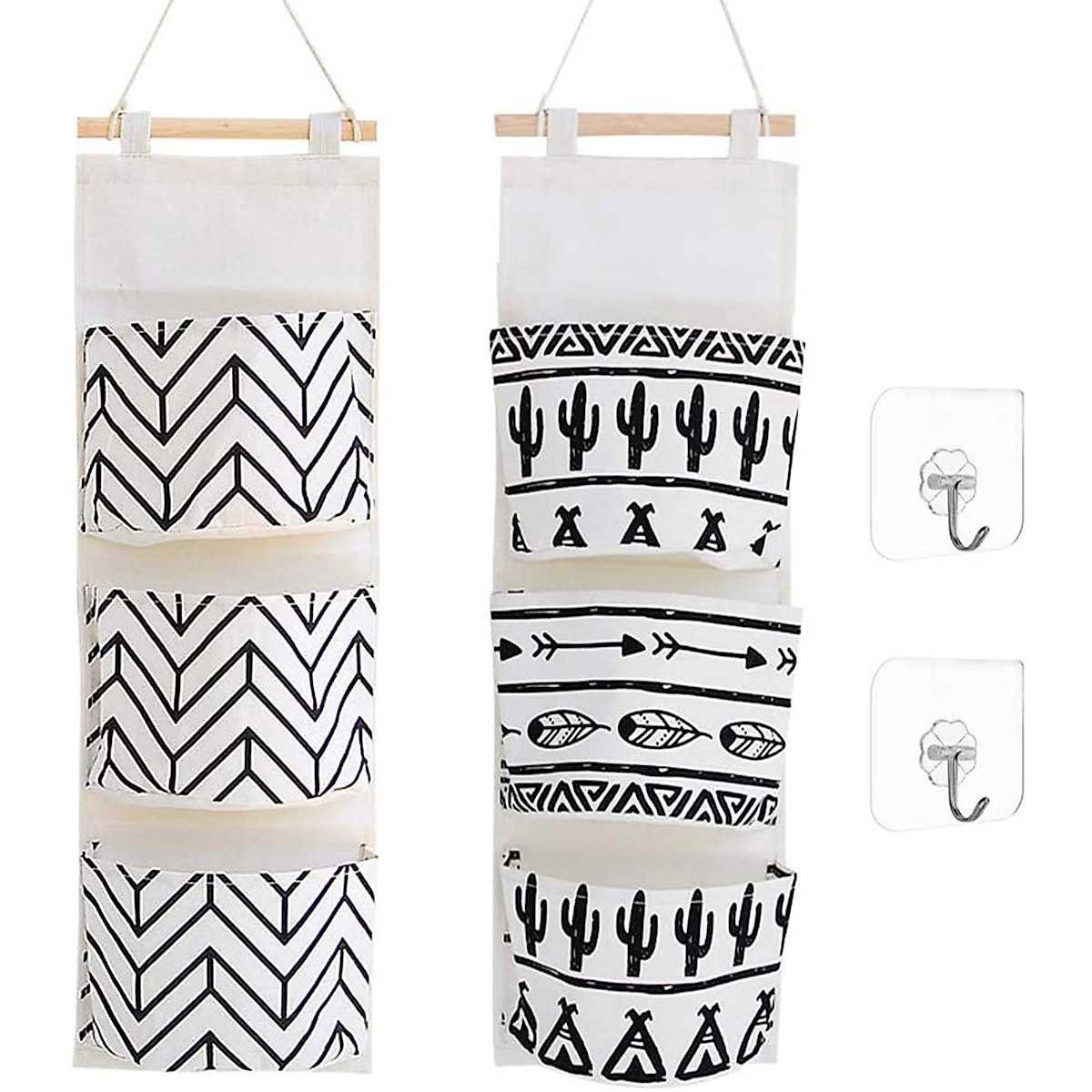 KRLIFCSL Over The Door Clost Hanging Storage Bag with 3 Pockets Canvas Fabric Wall Storage Organizer, 2 Pcs Adhesive Wall Hooks,2 Pack (Black)