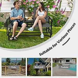 Tangkula 2 Person Swing Glider Chair, Patio Rocking Loveseat w/Center Tempered Glass Table, Outdoor Swing Bench w/Steel Frame & Breathable Mesh Fabric for Porch, Balcony, Poolside  (Grey)