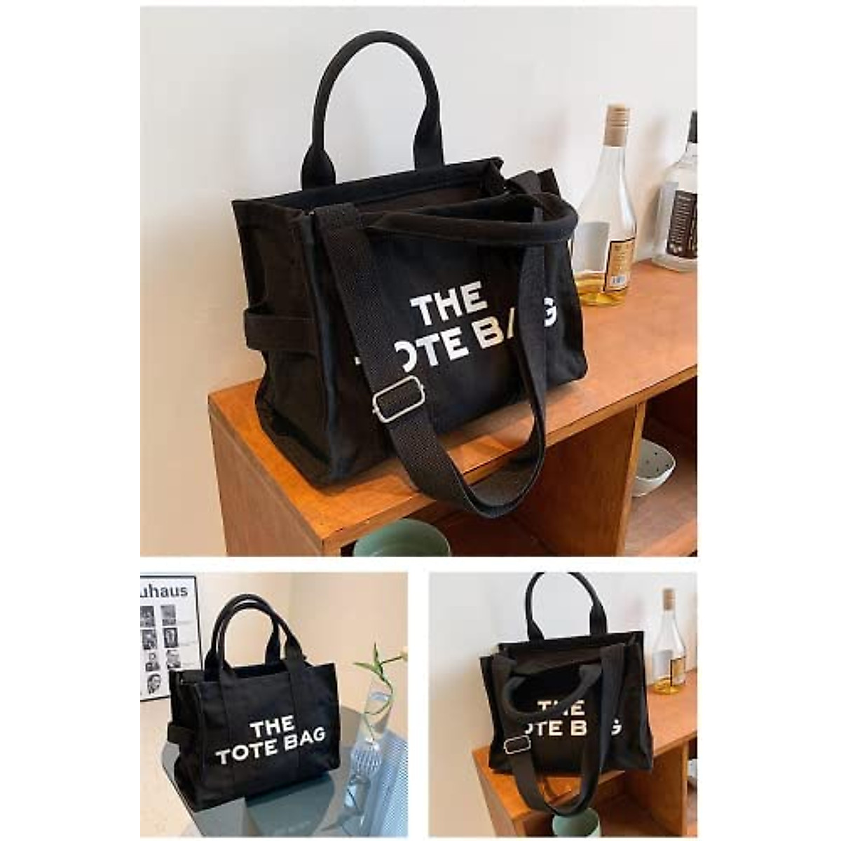 Canvas Tote Bags For Women,Handbag Shoulder Bag Tote Purse With Canvas Crossbody Bag For Office, Travel, School (black)