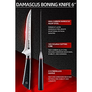 KIMROSE Damascus Boning Knife - 6 inch - 67 Layers 10Cr15CoMoV Alloy Steel - Black G10 Handle, Razor Sharp Kitchen Fillet Knife, Meat Cutting, Trimming, Magnetic Sheath, Gift Box