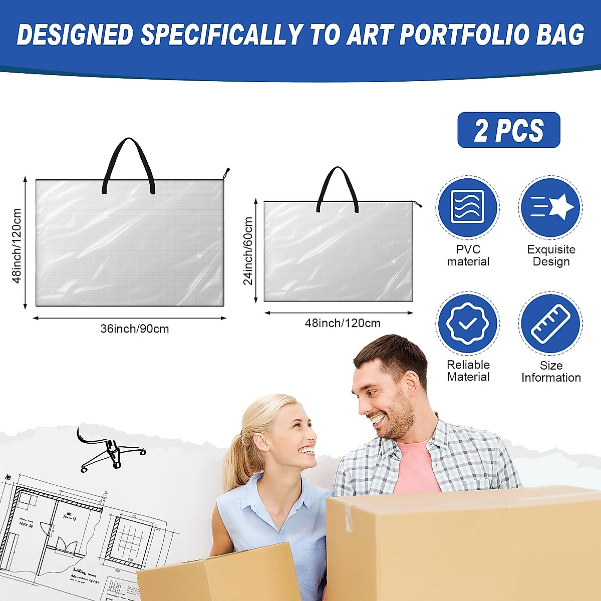 Tenceur 2 Pcs Art Portfolio Case 36 x 48 Inch and 24 x 36 inch Large Poster Storage Bag Portfolio Folder PVC Art Portfolio Container Bulletin Board Storage Box for Poster Scrapbook Keepsake