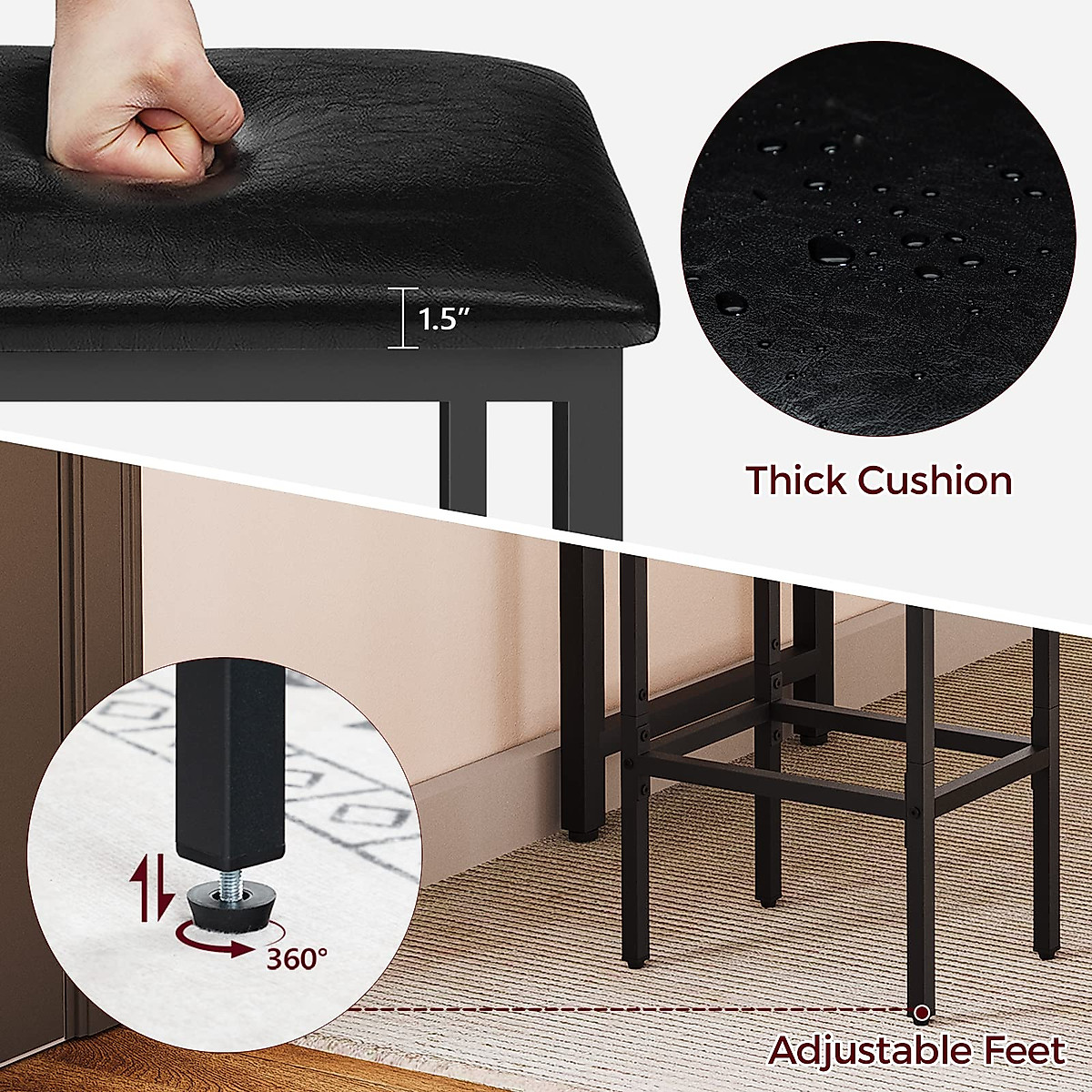 MAHANCRIS Bar Stools, Set of 2 PU Upholstered Breakfast Stools, 2-Piece Bar Chairs, 26.8-Inch Height, Rectangular Industrial Bar Stools, for Dining Room, Kitchen, Counter Bar, Black BAHB01R01