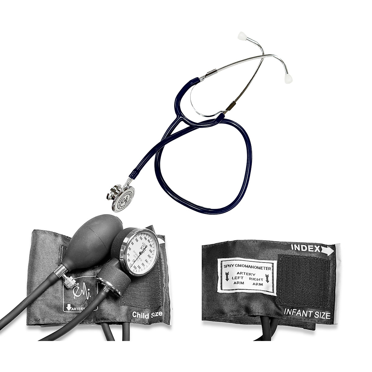 EMI #311 Pediatric 3-Piece Combination Set – Includes Pediatric Aneroid Sphygmomanometer, Infant Aneroid Sphygmomanometer, and Basic Dual Head Stethoscope - Black