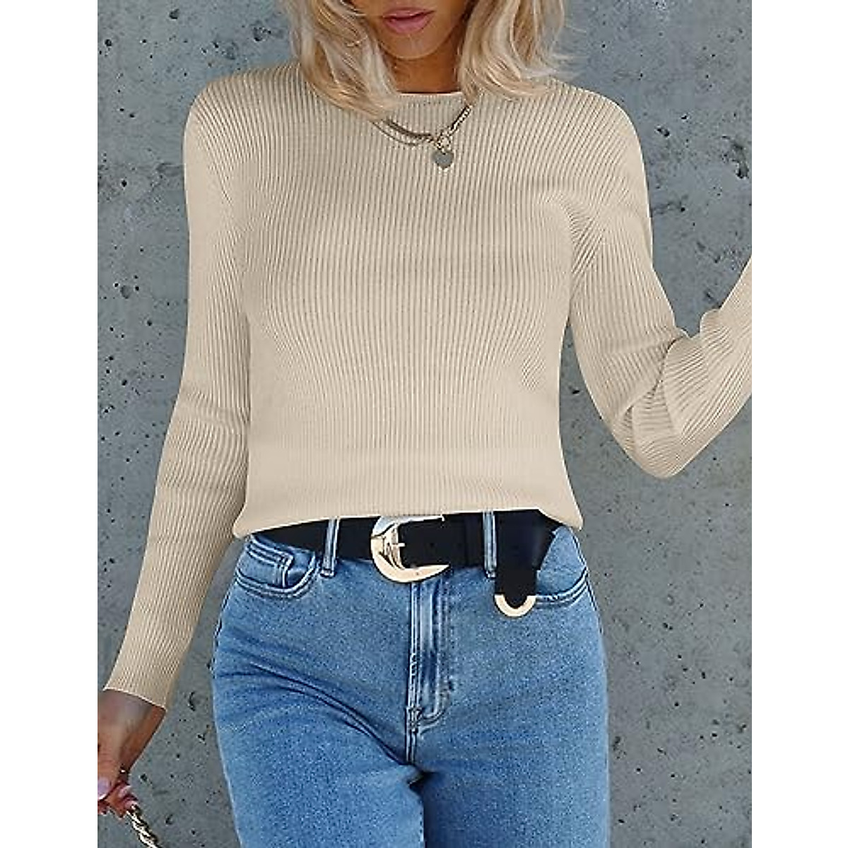 ZESICA Women's Long Sleeve Crewneck Shirts 2023 Fall Clothes Ribbed Knit Sweaters Slim Fitted Casual Basic Tee Tops,Almond,Large