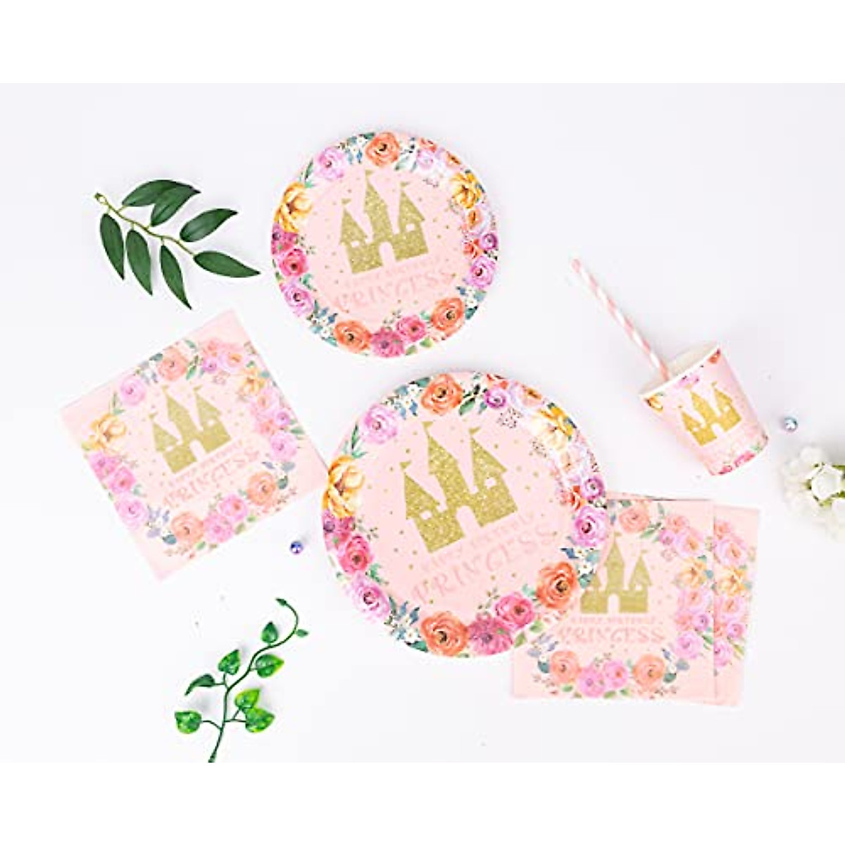 Princess Party Supplies-Princess Party Tableware Set Include Princess Castle Plates, Napkins, Cups Straws for Girls Princess Baby Shower Decorations Serves 10