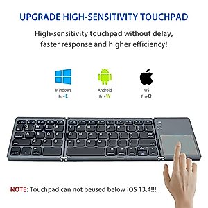 JPHTEK Foldable Bluetooth Keyboard with Touchpad, Portable Wireless Keyboards, Rechargeable Full Size Ultra Slim Pocket Folding Keyboards for Android Windows iOS Tablet & Laptop Gray