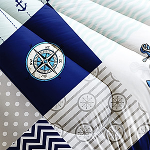 HOSIMA Nautical Comforter Set Queen,Plaid Patchwork Ocean Themed Bedding Sailboat and Anchor Print Kids Bedding Set for Boys Adult Kids Girls,Navy Blue Comforter Queen Size with 2 Pillow Shams.