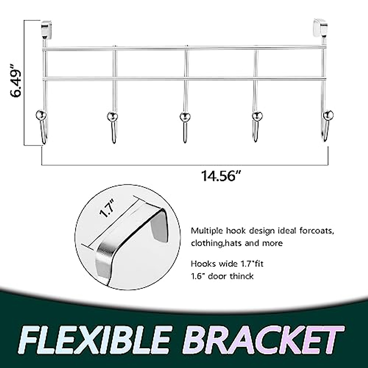 Sturdy Over The Door 5 Hook Hanger - Hangs Shirts, Coat Hooks, Towel Rack, Robes, Perfect Hat Rack