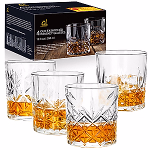 CREATIVELAND Double Old Fashioned Glasses Set of 4 Vintage Crystal Clarity Vintage Whiskey 11.83oz | 350ml Gifts for Dad for Scotch, Cocktail, Rocks, Bourbon, Home Bar Whiskey Glass Set