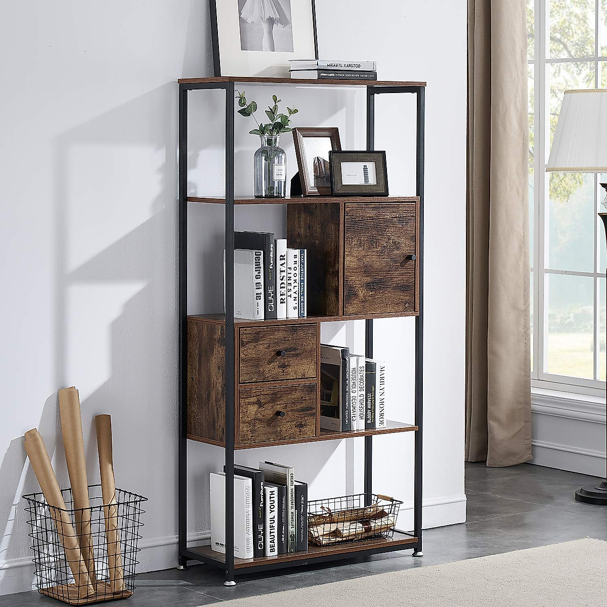 VECELO Bookshelf/Bookcase,Open Book Shelf with Middle Drawers Storage Organizer for Living Room,Home Office