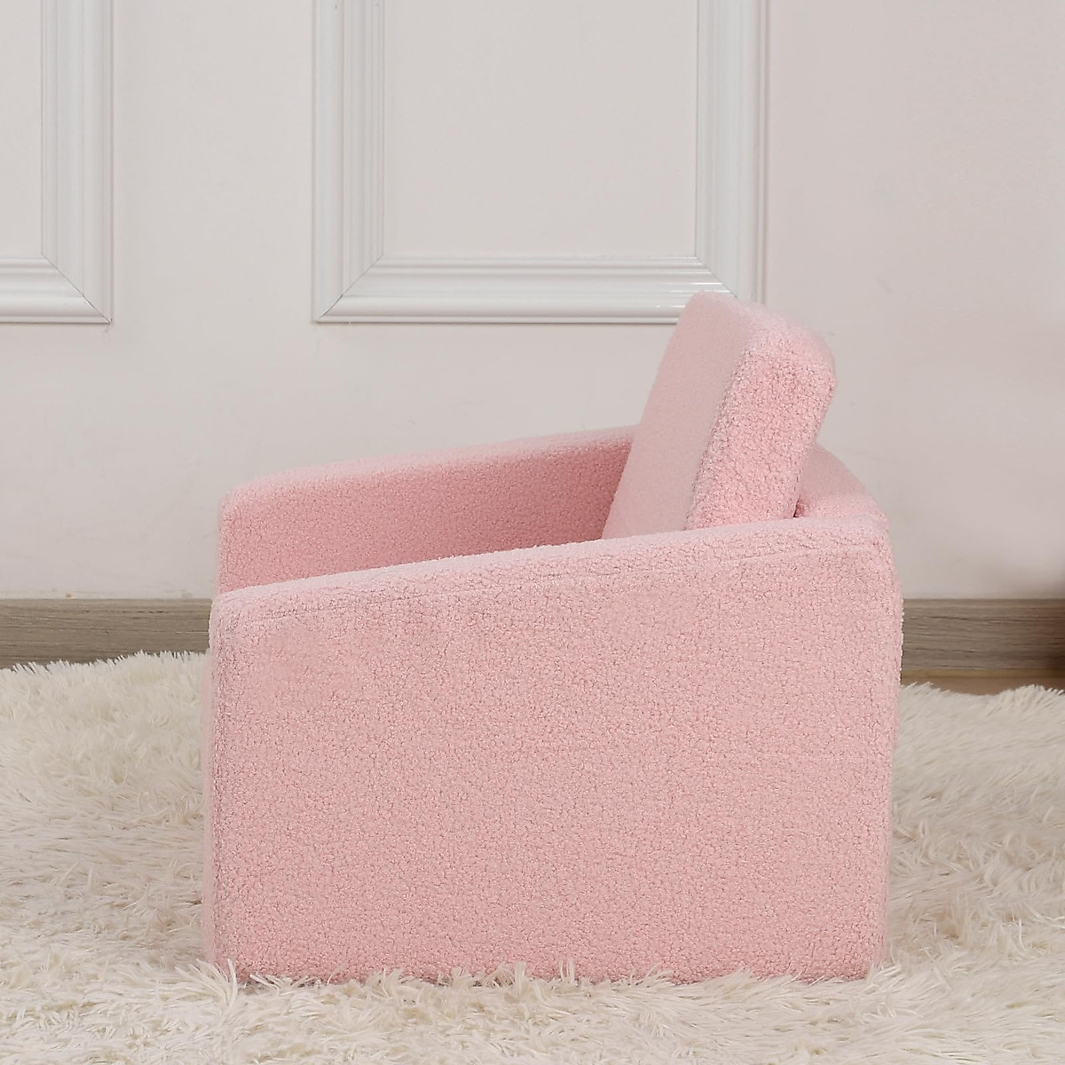 Flip Out Foam Kid Sofa Chair,2 in 1 Convertible Sofa to Lounger for Childrens up to 3 Years,Sherpa Flip Open Toddler Sofa Couch for Kid Play， for Baby Gifts (22.04" W) (Pink)