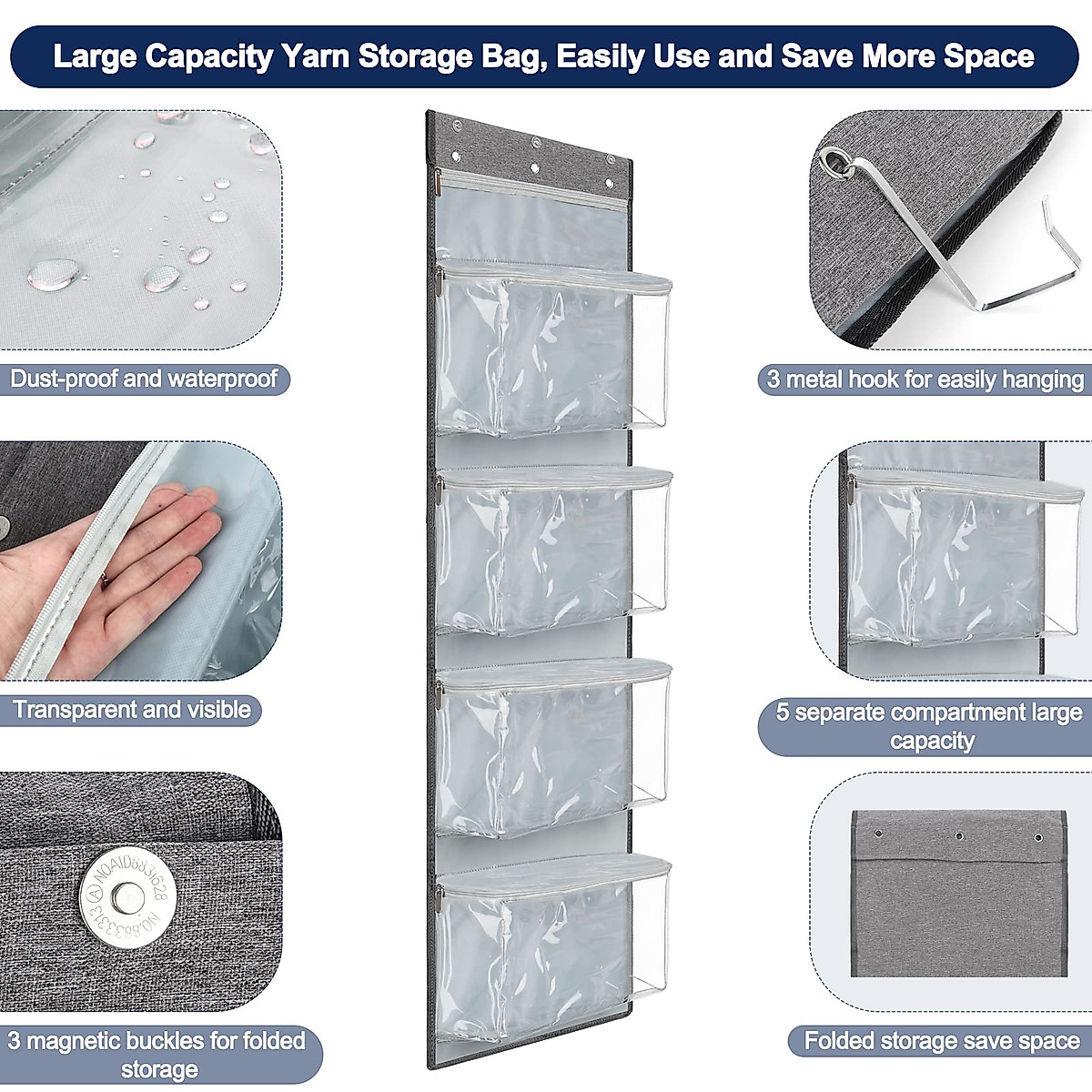 Katech Hanging Yarn Storage Organizer, Large Capacity Knitting Organizer Storage with 5 Zipper Closure Compartments for Yarn Enthusiasts, Hanging Yarn Storage Bag for Crochet Hooks, Yarn Balls