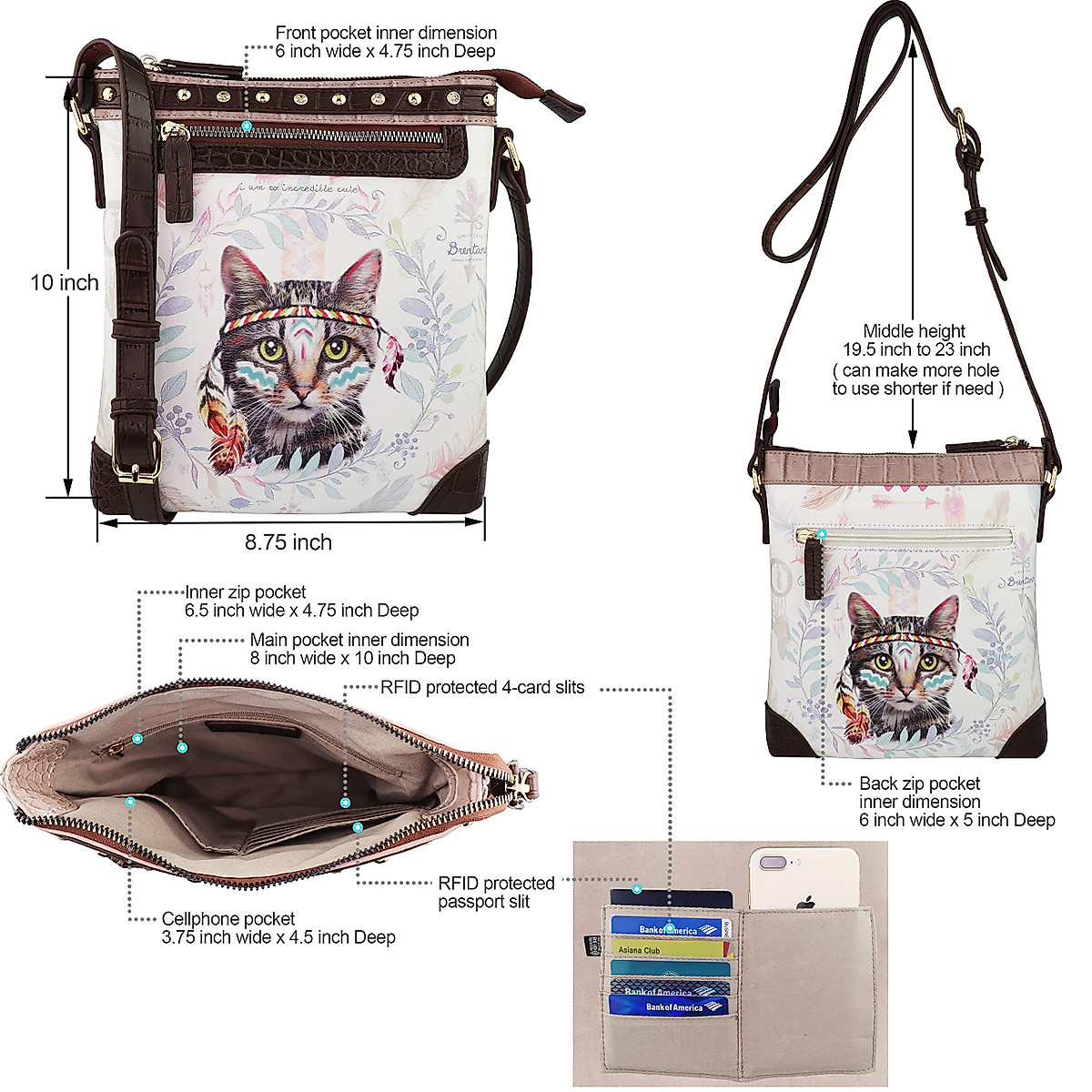 B BRENTANO Vegan Cute Animal Graphic Crossbody Bag Purse with Rhinestones and RFID Protection (Boho Feline RF)