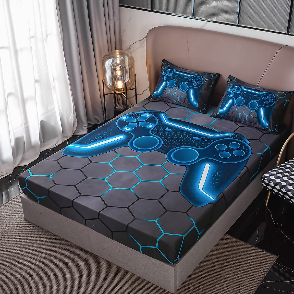 NTBED Game Console Fitted Sheet Set for Boys Girls Kids 3D Gaming Geometric Lightweight Gamer Microfiber Mattress Cover Sets(Blue,Twin)