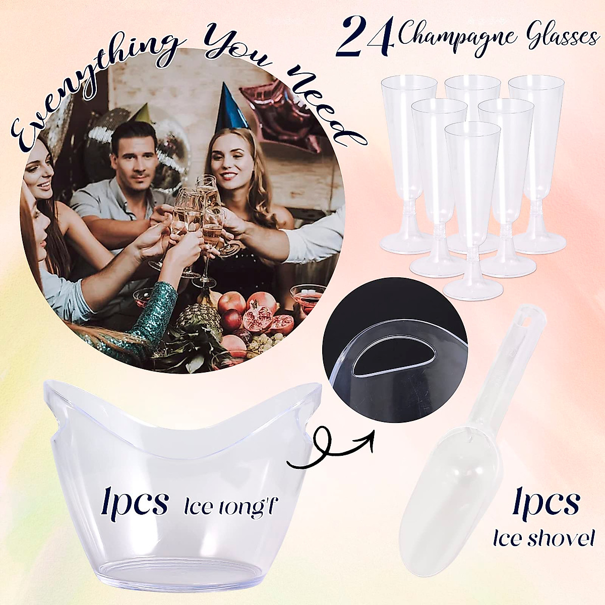 Barafat Ice Buckets for Parties (4L) & Ice Bucket Scoop & 24 Mimosa Glasses (5 Oz), Acrylic Champagne Bucket with Plastic Champagne Flutes, Clear Drinks Beverage Tub for Cocktail Bar