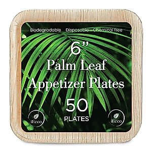 Palm Leaf Plates - Compostable and Grease Resistant 6 Inch Square Plates - Eco Friendly Plate is 100% Natural, Sturdy & Microwave Safe - Disposable & Biodegradable Wood Alternative to Bamboo Plates