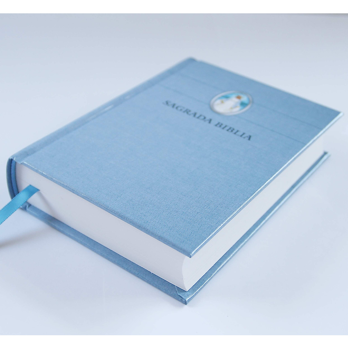 Biblia Católica en español. Tapa dura azul, con Virgen Milagrosa en cubierta / Catholic Bible. Spanish-Language, Hardcover, Blue, Compact