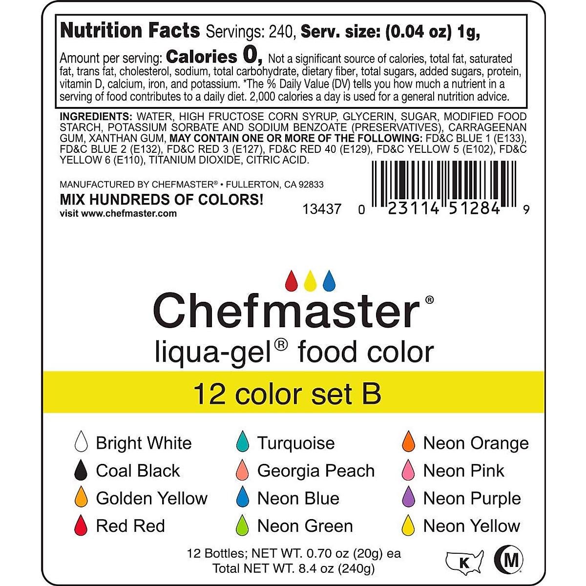 Chefmaster - Liqua-Gel Food Coloring - 12 Color Set B - Fade Resistant - 12 Pack - Vibrant, Eye-Catching Colors, Easy-To-Blend Formula, Fade-Resistant - Made in the USA