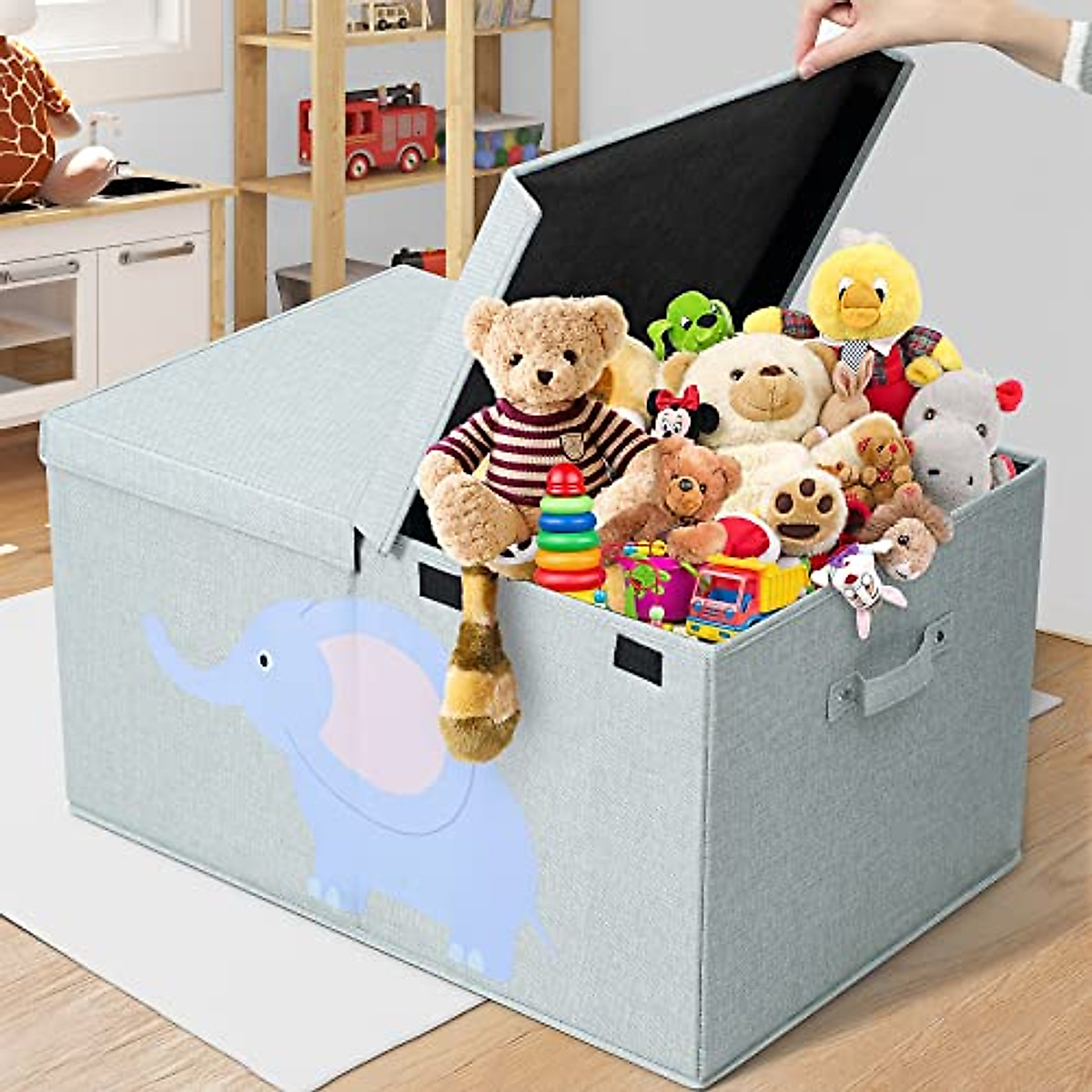 DECOSIS Collapsible Toy Storage Box with Animal Pattern, 86L Large Capacity Fabric Toy Box, Half Flap Design, Sturdy Toy Box for Girls and Boys, Playroom, Living Room, Bedroom (Elephant)