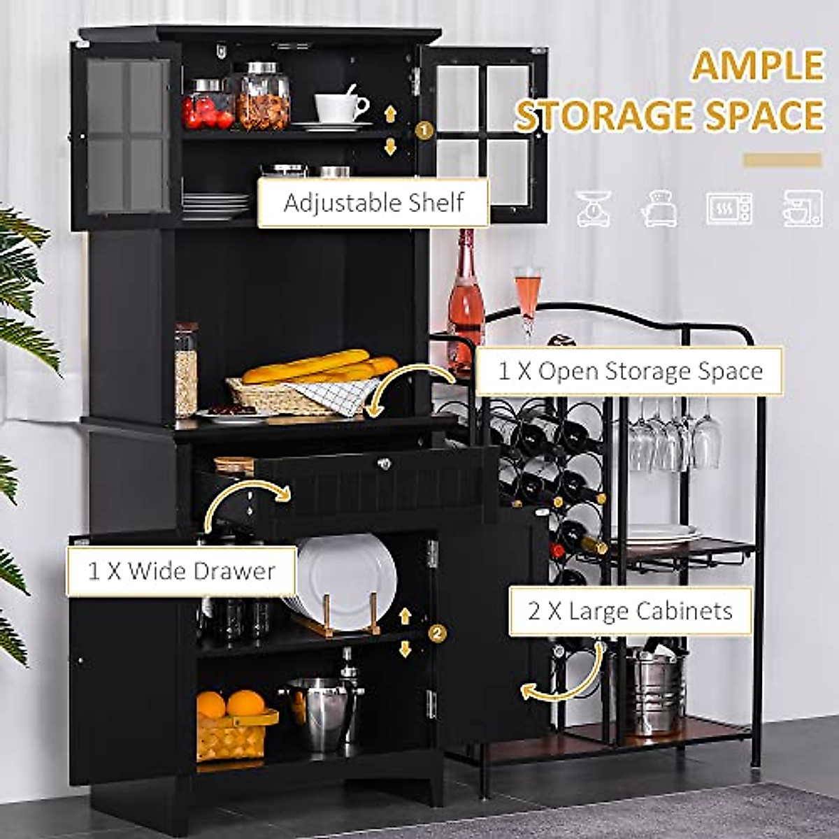 HOMCOM Elegant Buffet with Hutch, Kitchen Pantry Storage Cabinet with Framed Glass Door Drawer and Microwave Space, Black