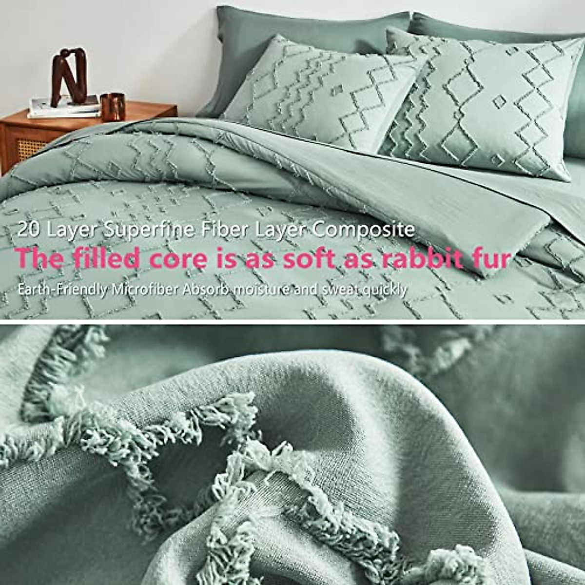 AIKASY Green Tufted Bed in A Bag King ,Geometry Embroidery Comforter Set 7 Pieces，Boho Shabby Chic Comforter Bedding Sets , Soft Microfiber Comforter for All Seasons (Green, 102"x90")