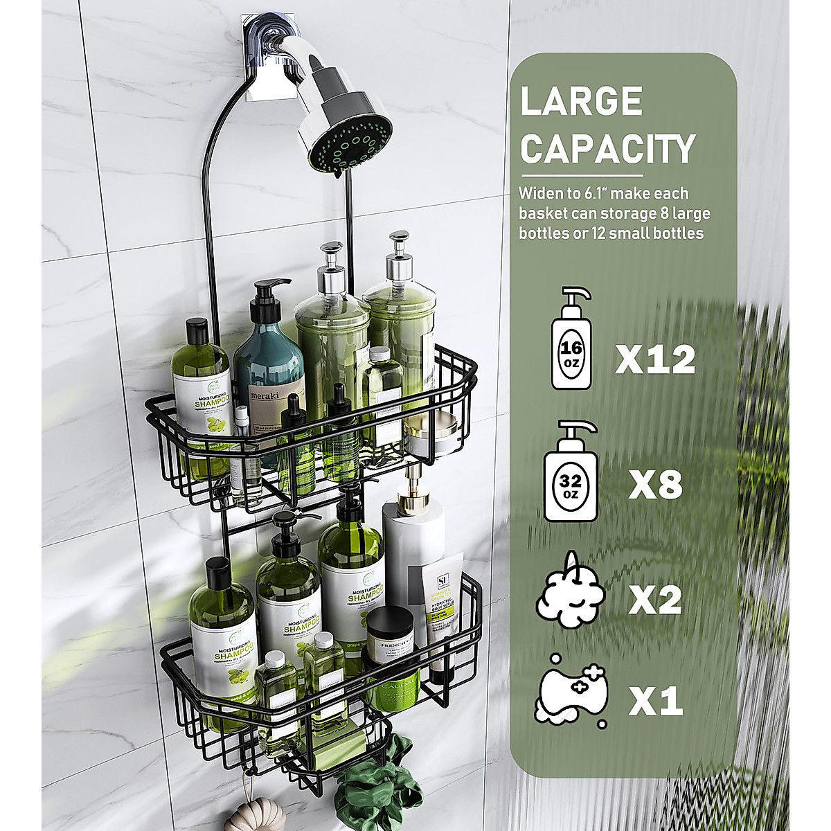 WXCGX Hanging Shower Caddy Over Shower Head Organizer: Stainless Rustproof Bathroom Shower Storage Rack Basket with Soap Holder, Hooks - Large Capacity Shower Shelf for Shampoo, Conditioner, Body Wash