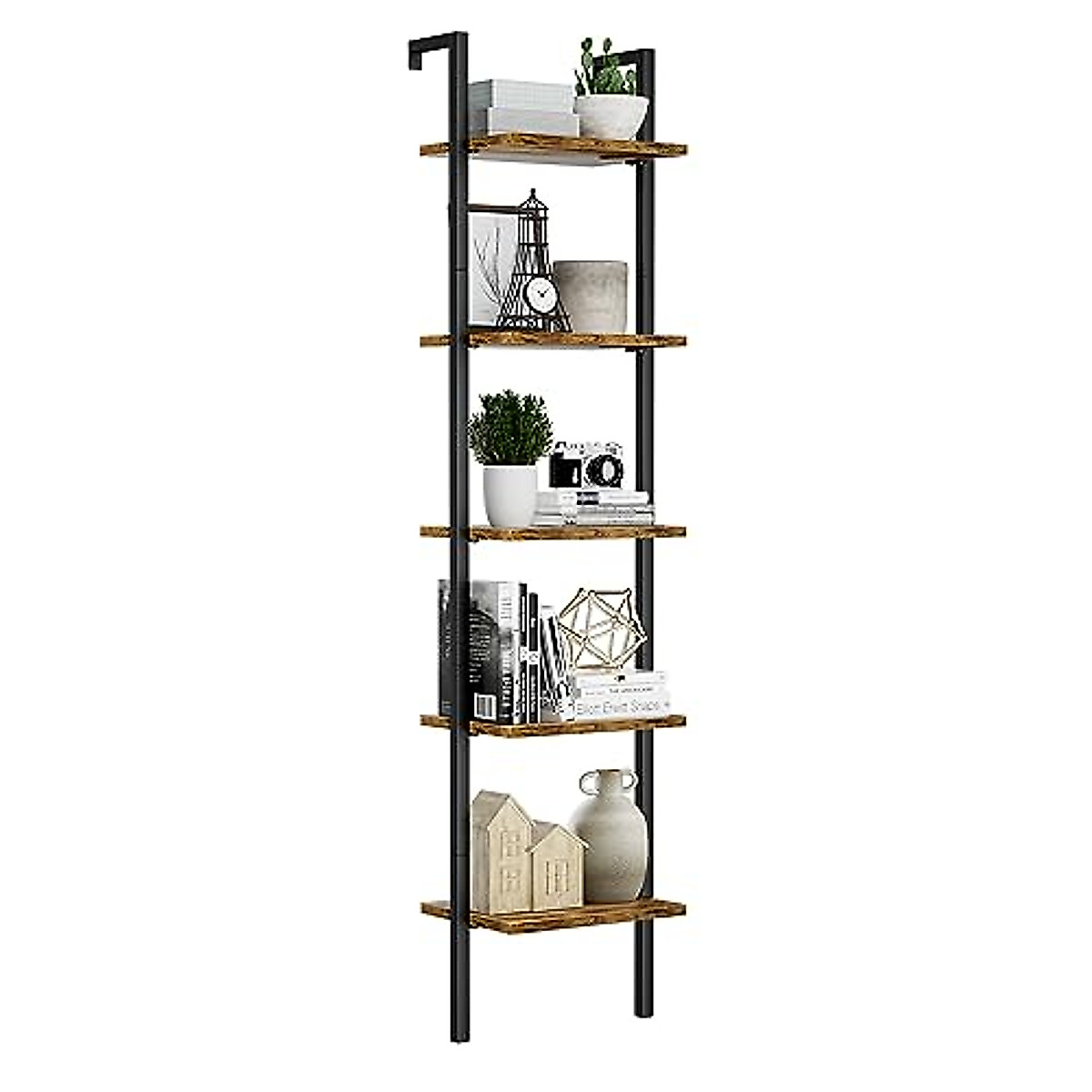 NUMENN Industrial Ladder Shelf, 5 Tier Book Shelf, Open Space Wall Mount Bookshelf with Metal Frame, Sturdy Book Shelves, Bookcase for Living Room, Home Office Shelf, Vintage Brown