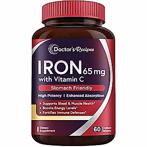 Doctor’s Recipes Iron 65 mg Carbonyl Iron with Vitamin C, Maximized Absorption Easy on The Stomach, Red Cells Formation, Blood, Heart, Brain, Muscle & Immunity Health, Vegan Non-GMO 60 Tablets