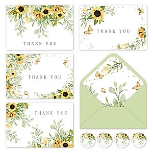 Whaline 40 Pack Sunflower Thank You Cards with Envelopes Stickers Watercolor Floral Greeting Cards Spring Summer Flower Blank Note Cards for Wedding Baby Shower Bridal Birthday Party, 4 x 6 Inch