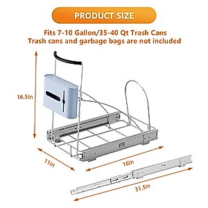 Pull Out Trash Can Under Cabinet with Garbage Bag Holder，Heavy Duty Under Sink Garbage Can Pull Out Kit-Up to 125 lb，Fit for 7–13 Gallon Cans ，Chrome (Trash Can Not Included)