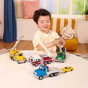 Driven by Battat – 4 Toy Vehicles for Kids&Toddlers – 7.5" Crane Truck, 7.5" Tow Truck, 7.5" Fire Truck, 7" Log Truck – Lights & Sounds – Gift Construction Toys for 3 Year Old+
